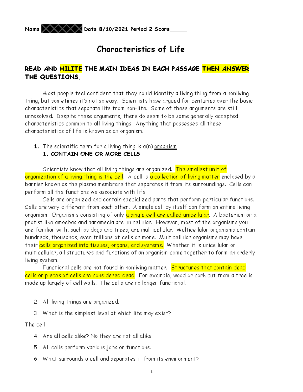 Characteristics of life worksheet - Name Date 8/10/2021 Period 2 Score ...
