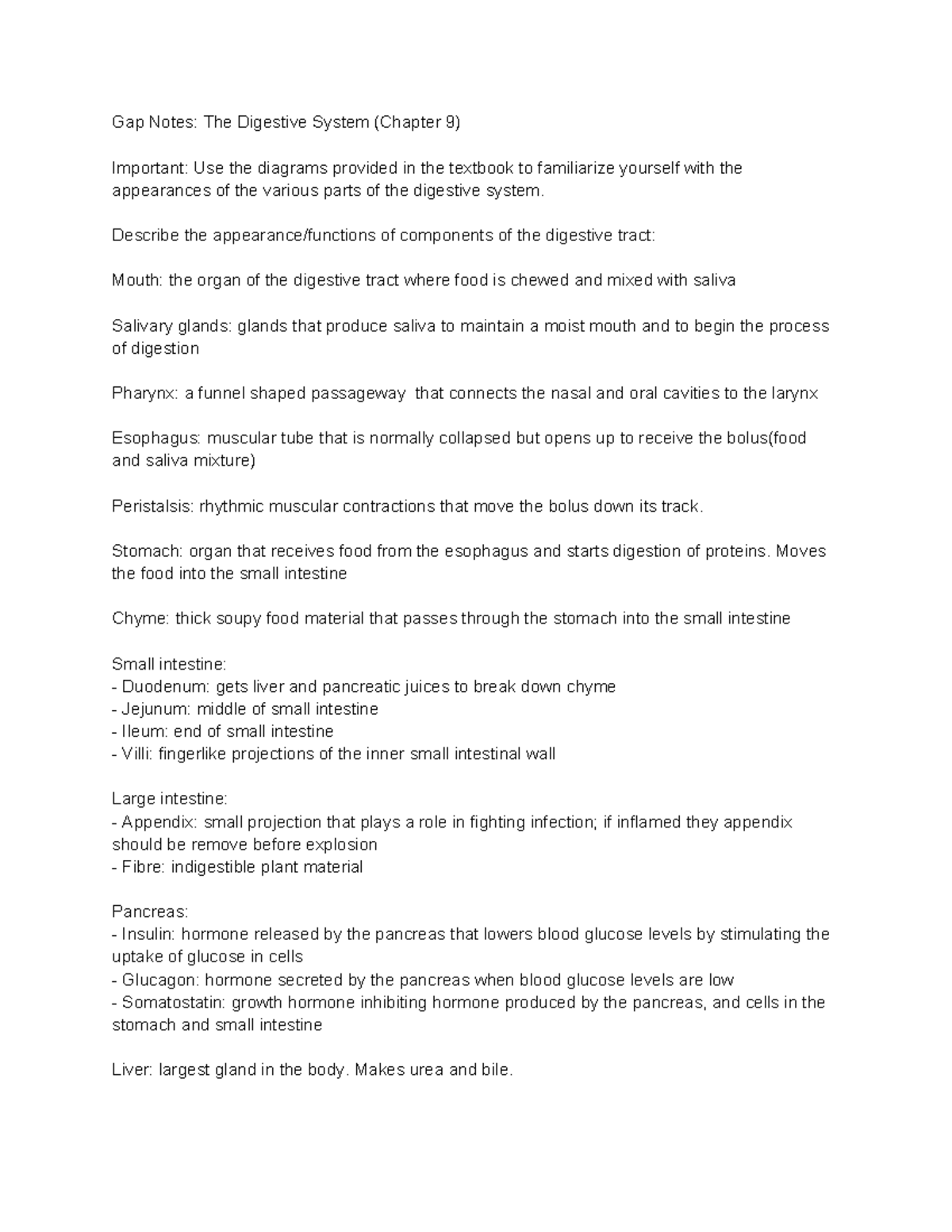 Gap Notes: The Digestive System (Chapter 9) Overview and Disorders ...