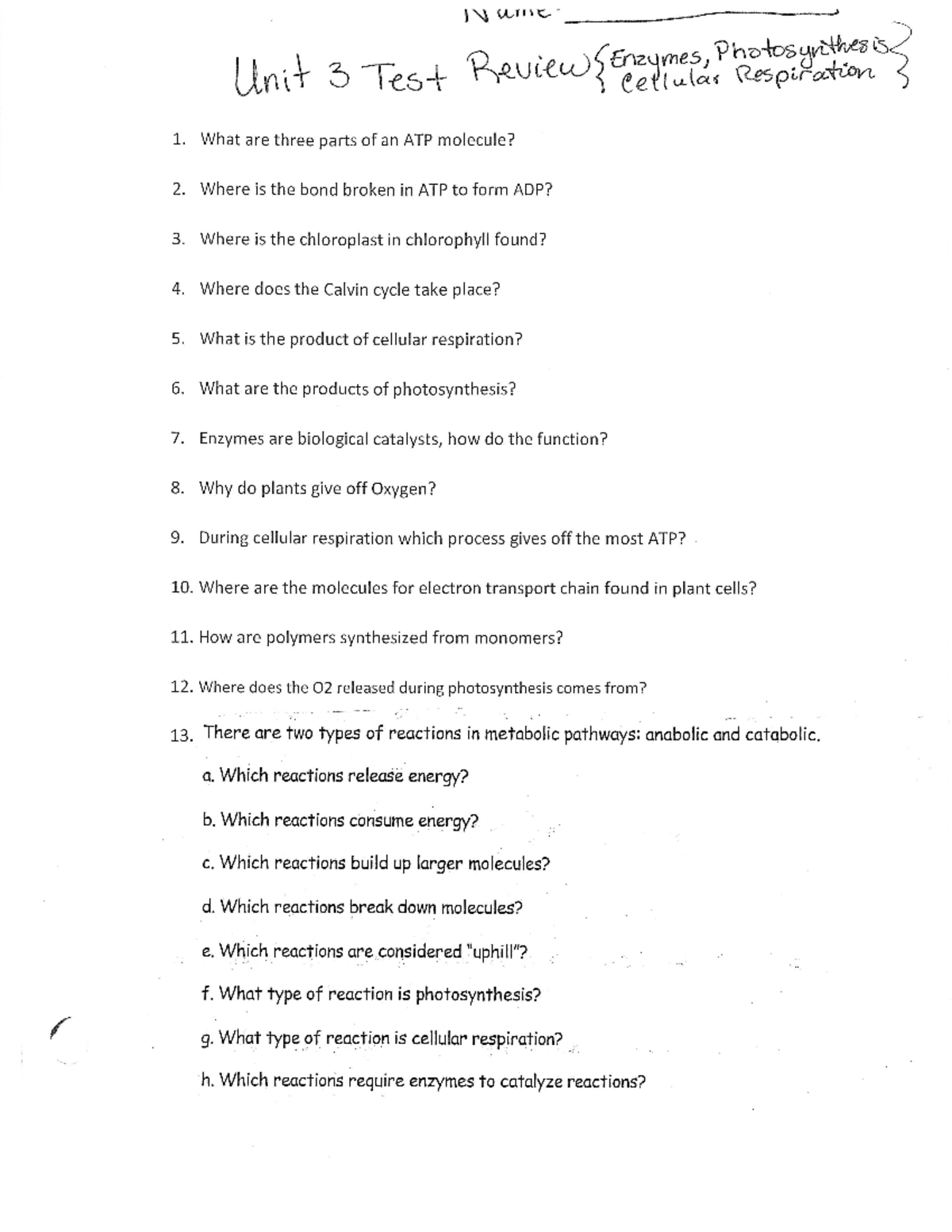 Unit 3 test review AP BIO - Unit 3 Test Photosynthesi Respiration 1 ...