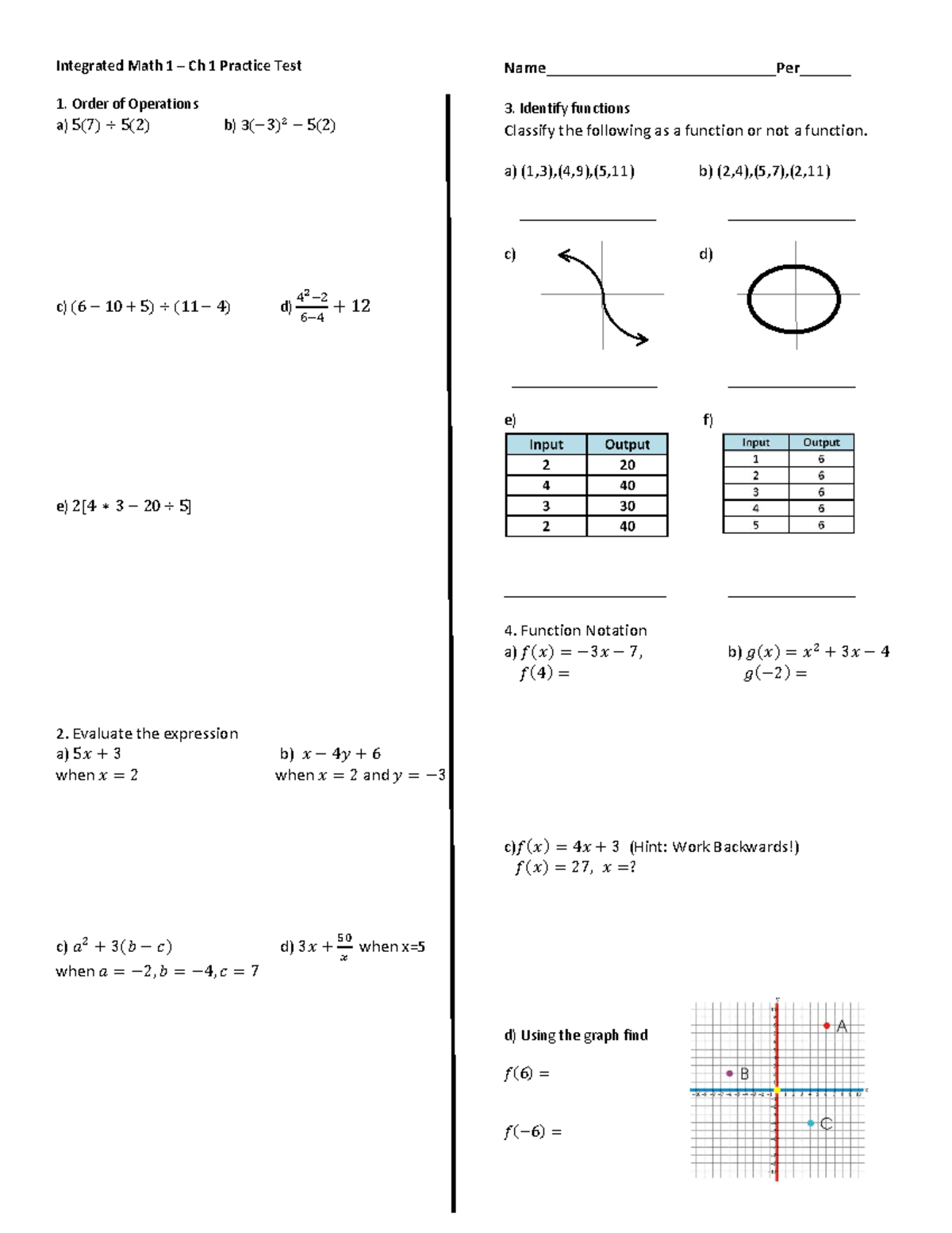 Math test - math test - Integrated Math 1 – Ch 1 Practice Test 1. Order ...