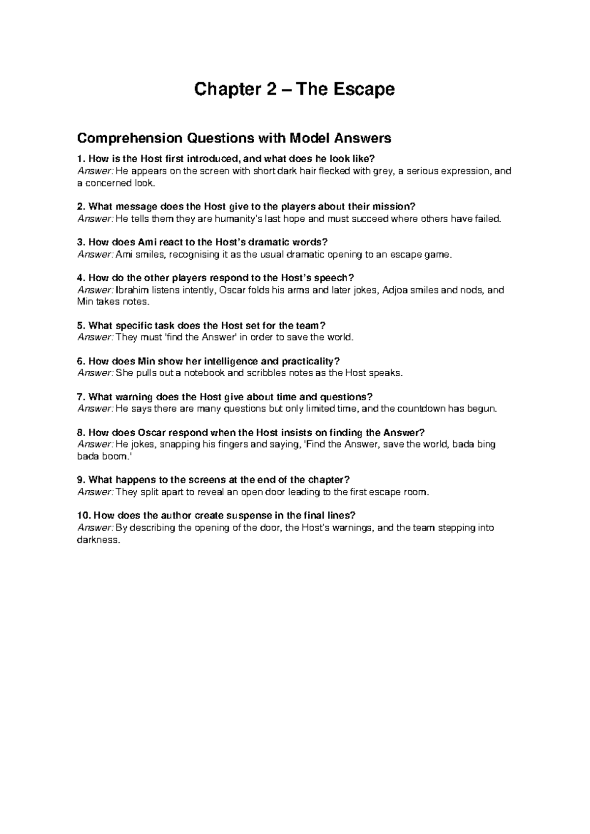 The Escape Chapter 2: Comprehension Q&A with Model Answers - Studocu