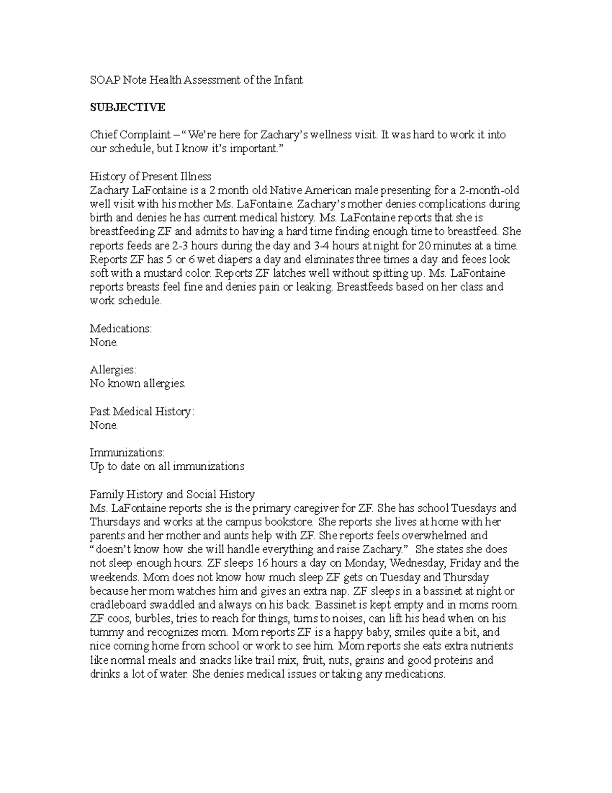 SOAP Note: Infant Health Assessment for Zachary (Wellness Visit) - Studocu