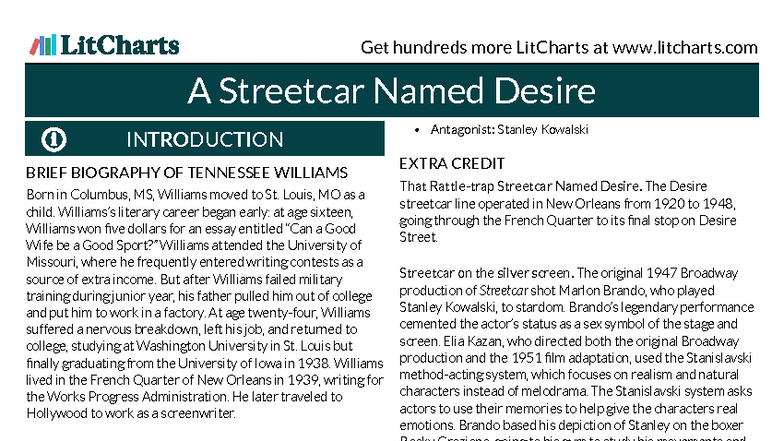A Streetcar Named Desire: LitChart Analysis and Summary (INTR 101 ...