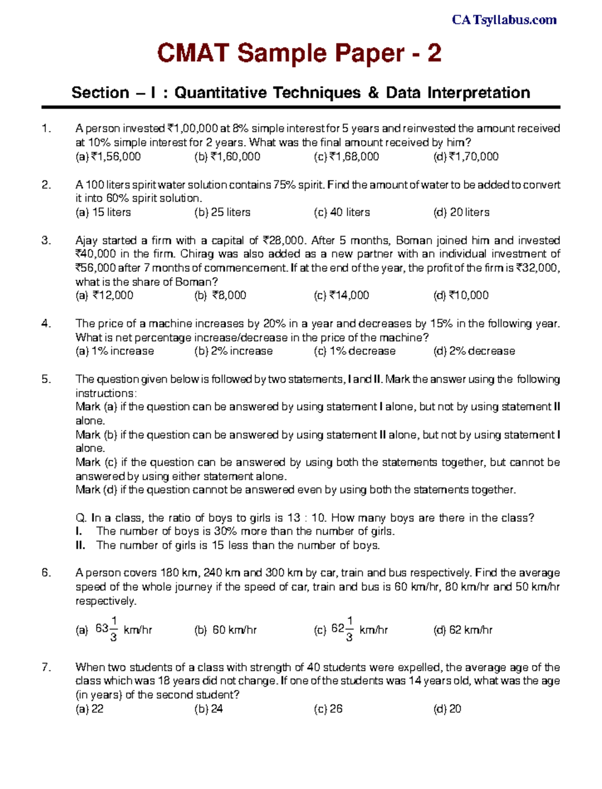 CMAT Sample Paper 2 - notes - Section – I : Quantitative Techniques ...