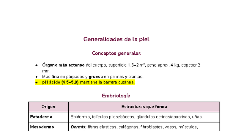Dermatología: Generalidades de la Piel y Estructuras Cutáneas - Studocu