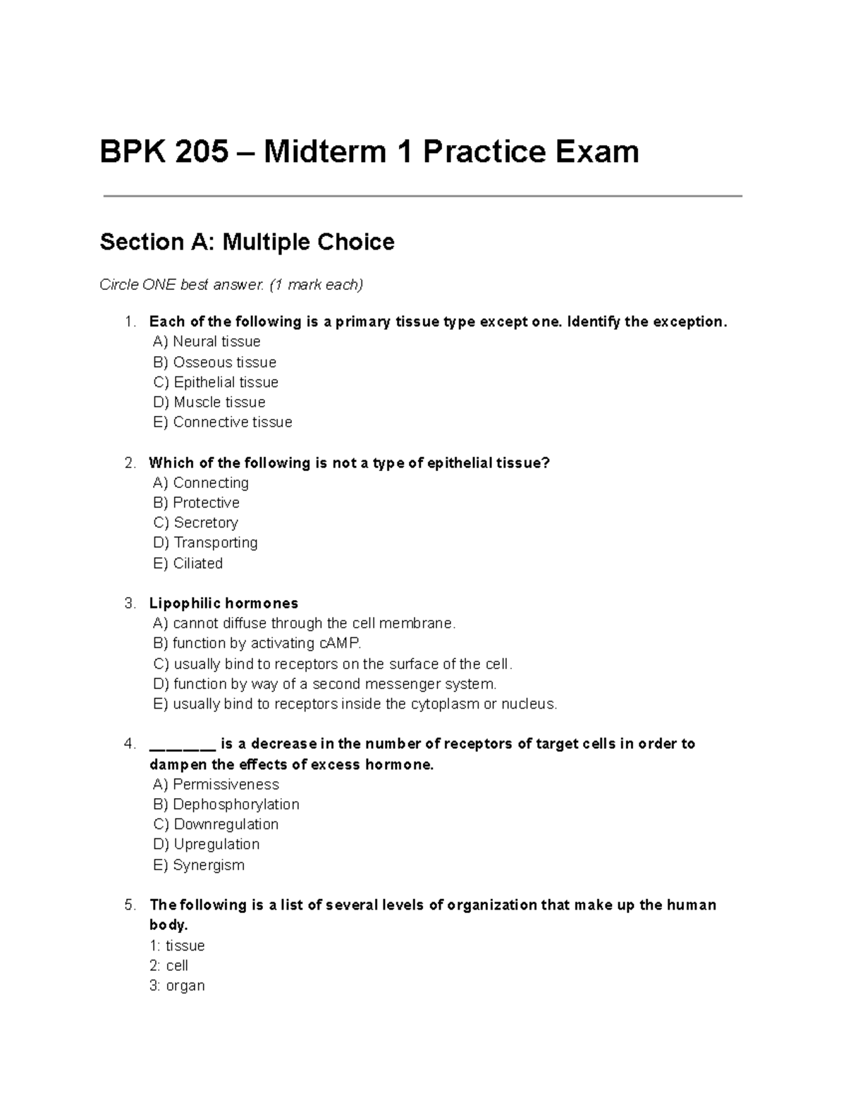 BPK 205 Midterm 1 Practice Exam: Multiple Choice & Short Answer - Studocu