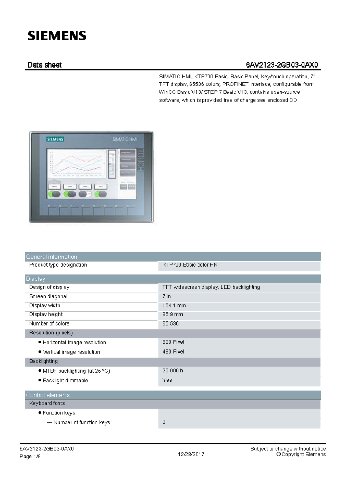 SIMATIC HMI KTP700 Basic Data Sheet Overview (6AV2123-2GB03-0AX0) - Studocu