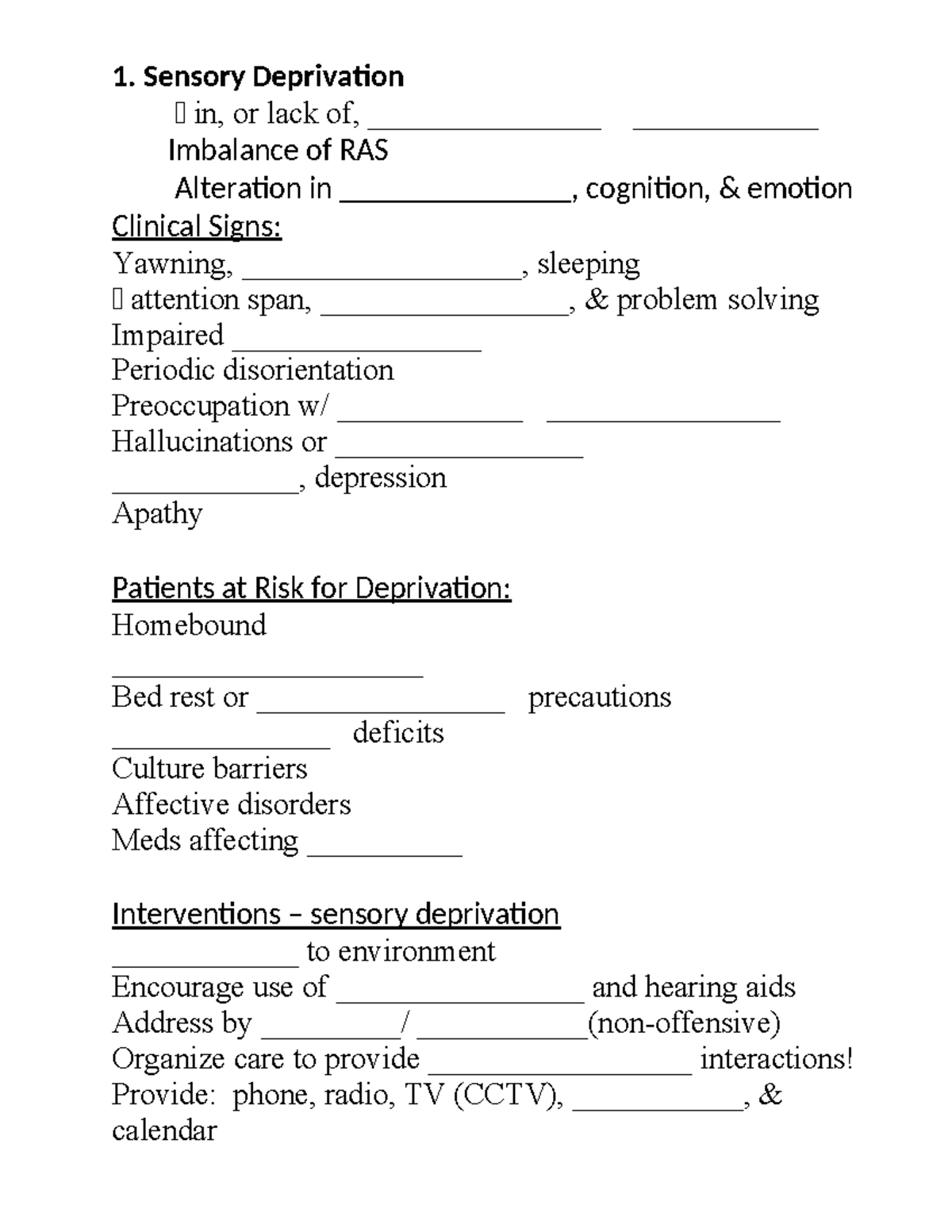 N200 Sensory Deprivation & Overload Study Notes Fall 2020 - Studocu