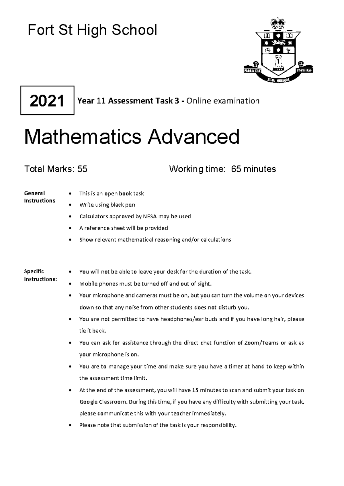 2021 Preliminary Yr 11 Maths Assessment Task 3 - Yearly - Fort St High ...