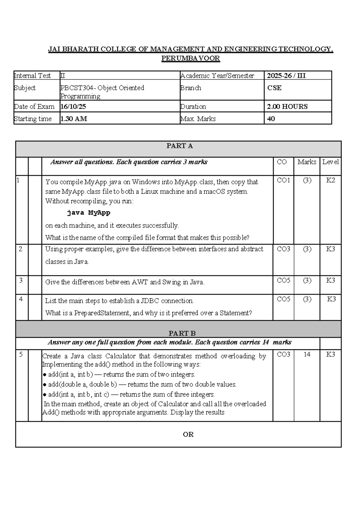 S3 CSE - Internal Test II: Object Oriented Programming (OOP) - Studocu