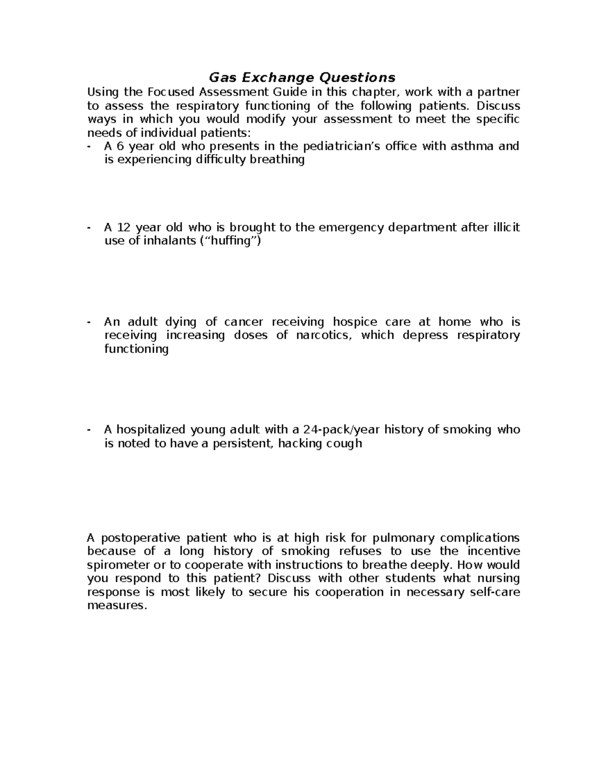 Gas Exchange Assessment Scenarios and Practice Questions - Studocu