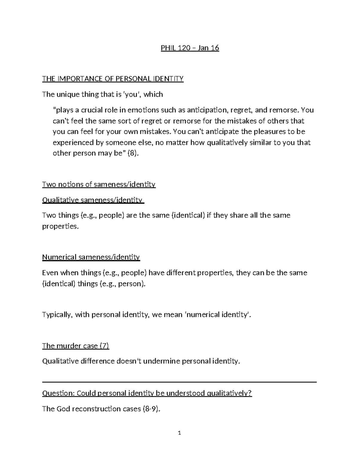 PHIL 120 Final Exam Notes: The Importance of Personal Identity - Studocu