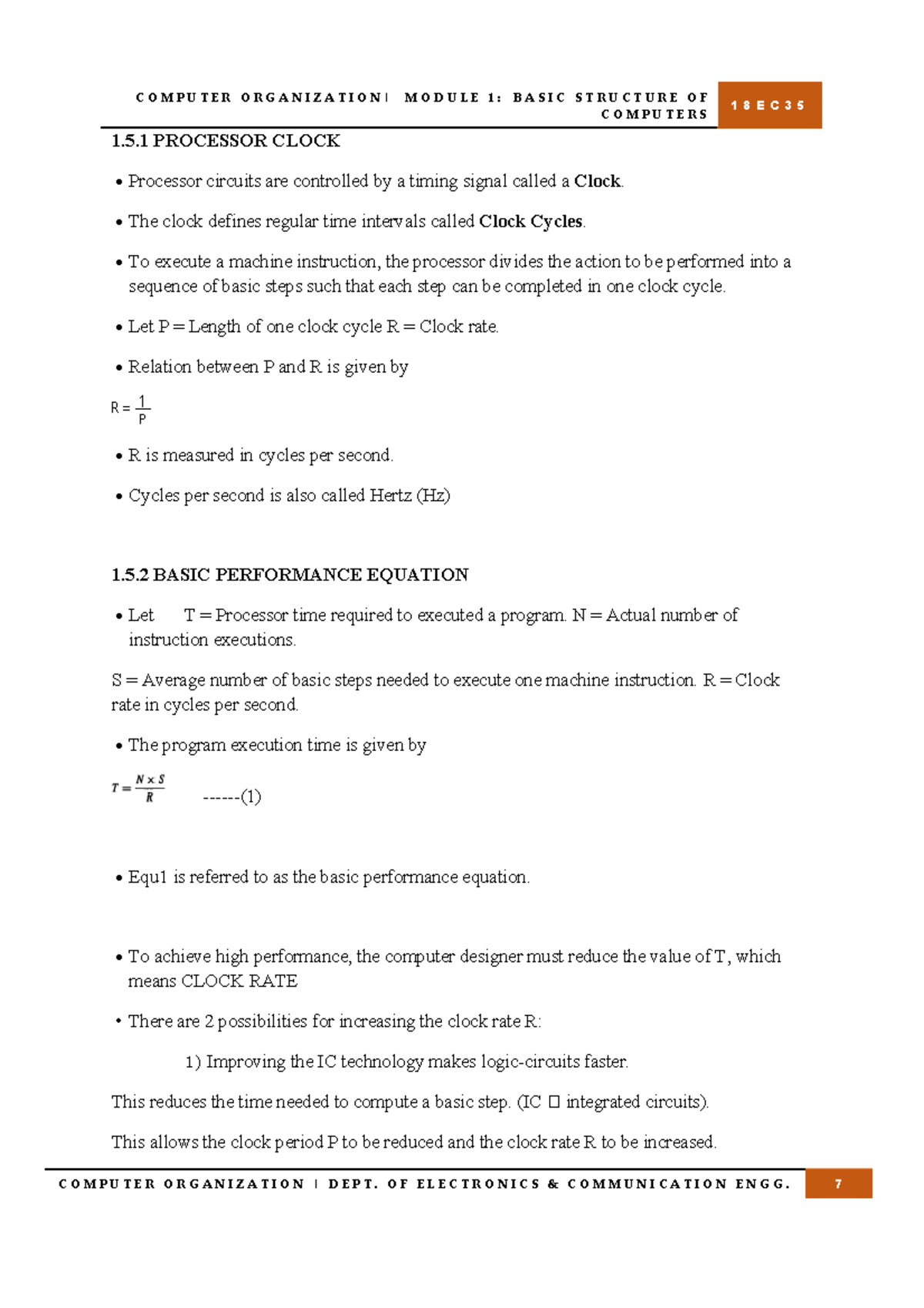 COMPUTER MODULE 1: CLOCK AND PERFORMANCE EQUATIONS 18EC35 - Studocu