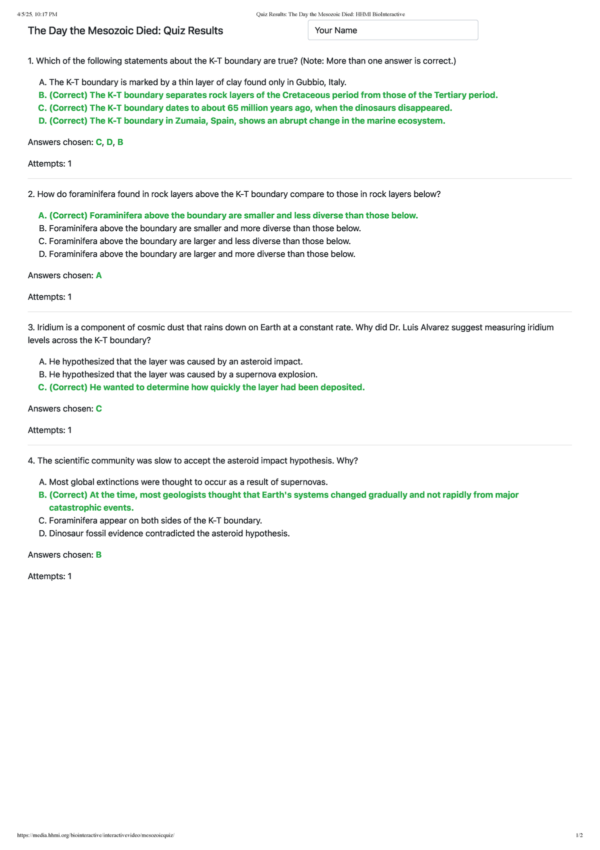 Lab 11: Quiz Results on The Day the Mesozoic Died - Studocu
