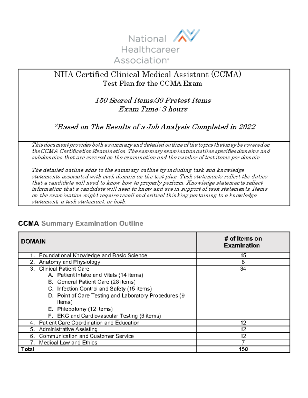 NHA CCMA Exam 2022: Comprehensive Test Plan & Study Notes - Studocu