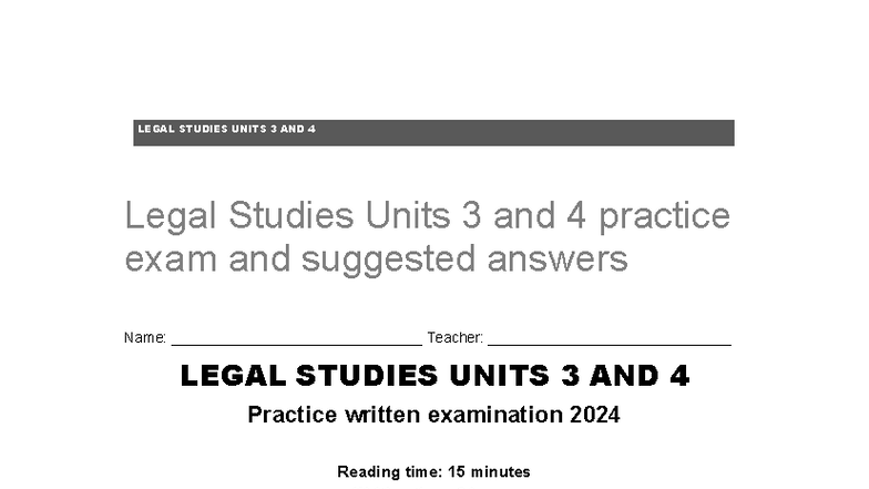 LEGAL STUDIES UNITS 3 AND 4 Practice Exam with Suggested Answers 2024 ...