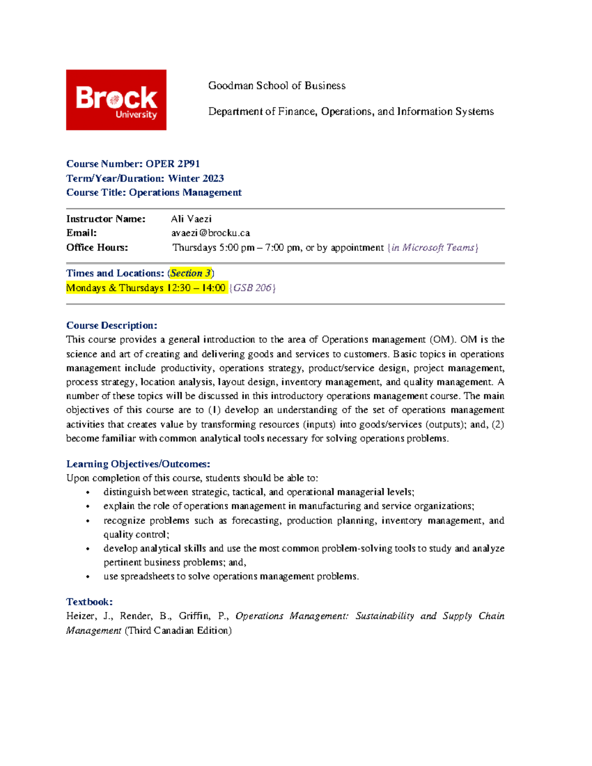 Course Outline - OPER 2P91 S3 Winter 2023: Operations Management ...