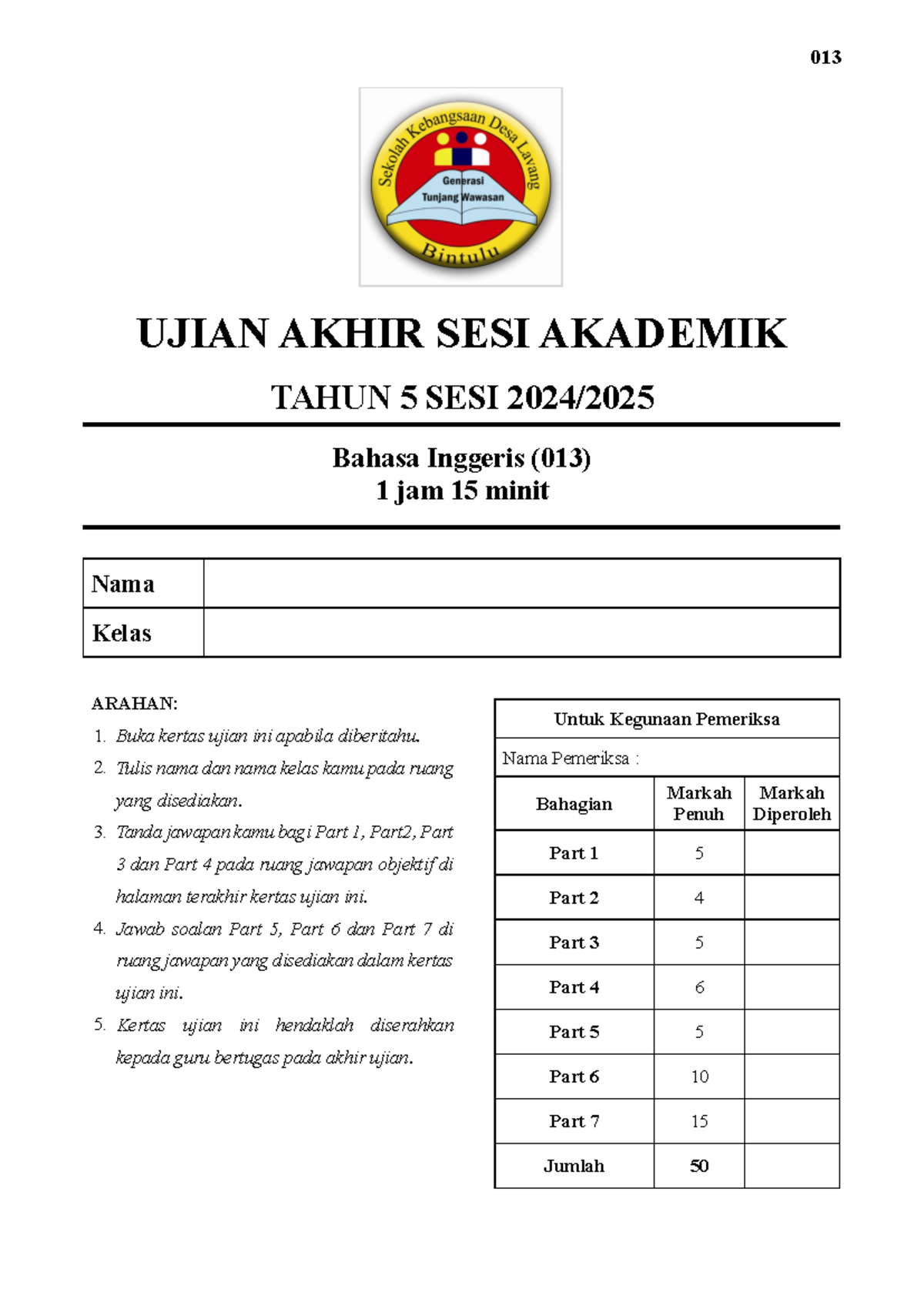 UASA SKDL YEAR 5 - vvcvv - UJIAN AKHIR SESI AKADEMIK TAHUN 5 SESI 2024 ...
