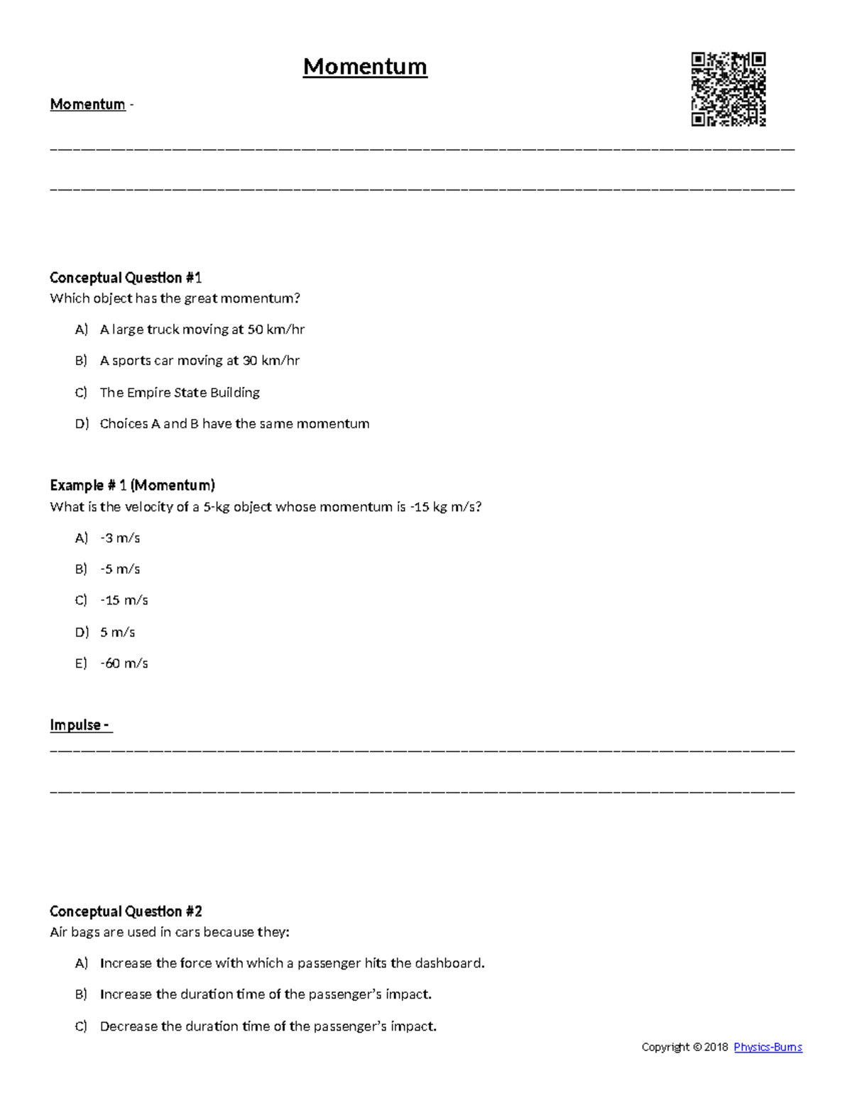 Momentum Guided Notes (PHYS 101) - Conceptual Questions & Examples ...