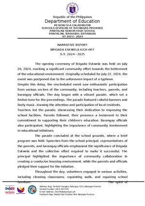 Parents- Orientation - Opening-OF- Classes Narrative- Report - Address ...