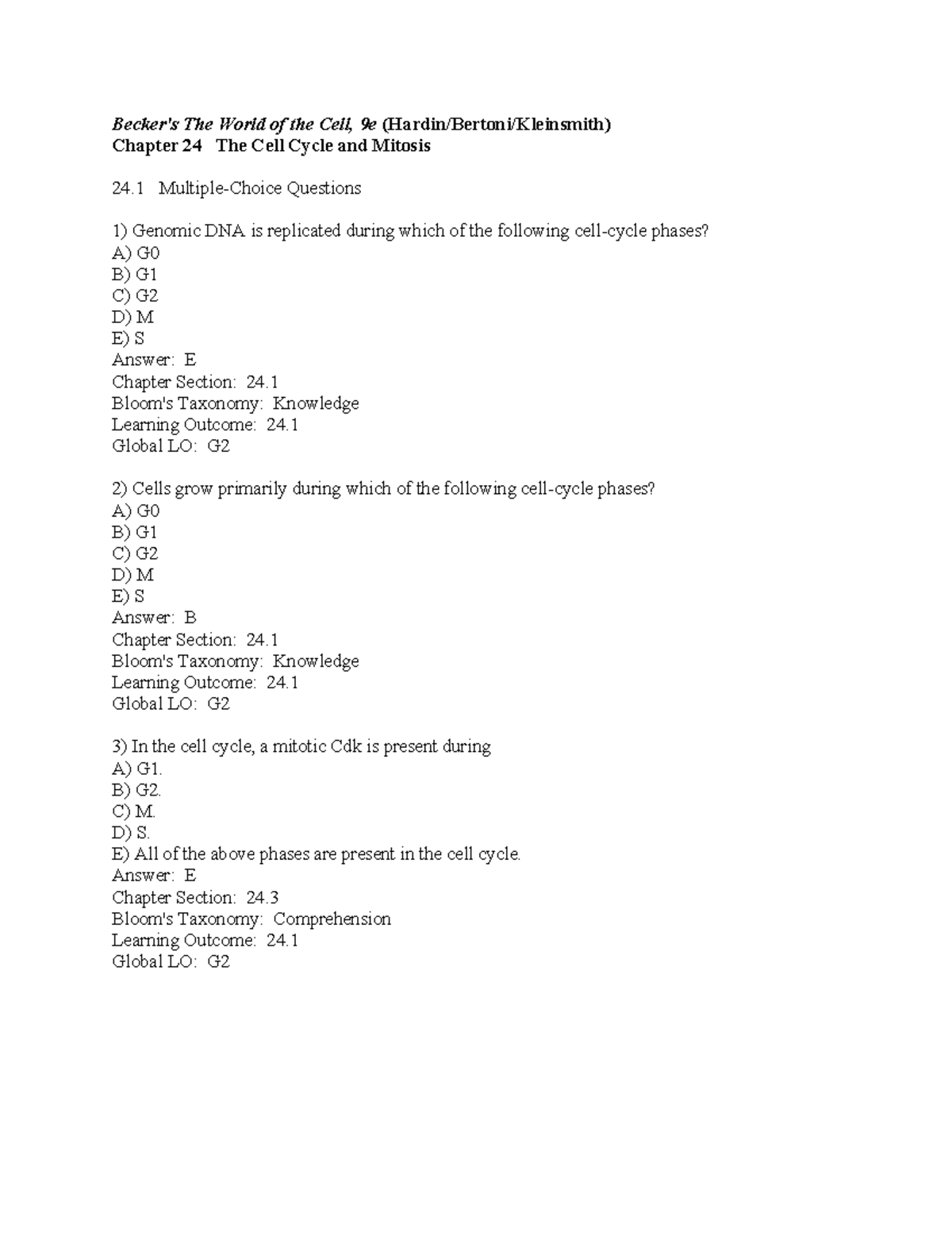 Chapter 24 Cell Cycle & Mitosis Test Bank (Becker's World of the Cell ...