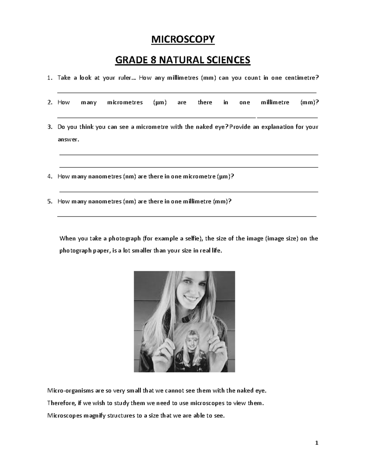 Grade 8 NS: Microscopy Worksheet and Measurement Questions - Studocu