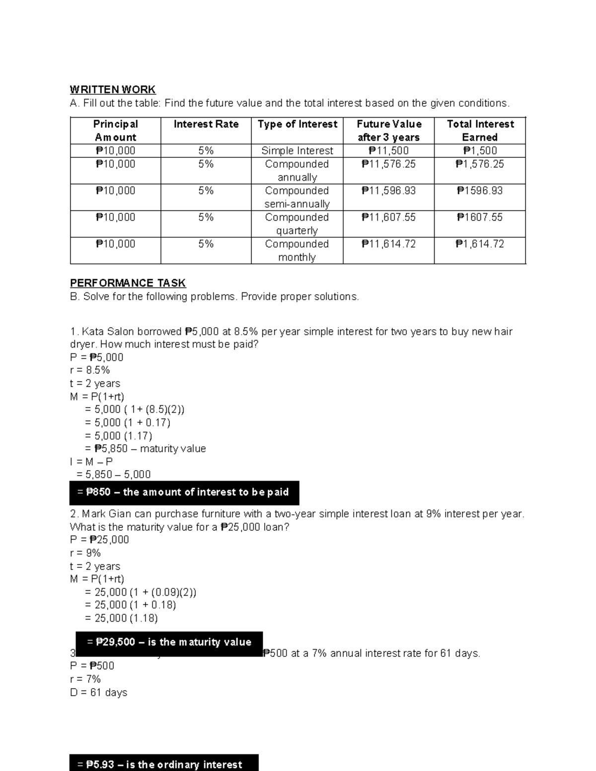 Business MATH investments - WRITTEN WORK A. Fill out the table: Find ...