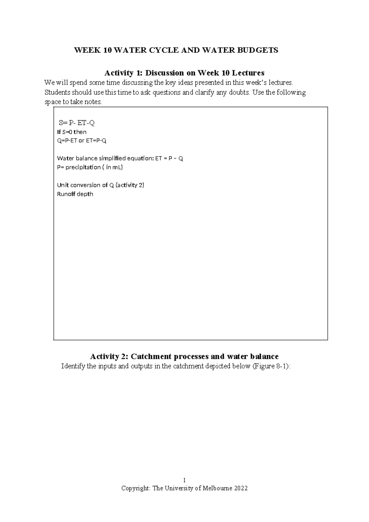 Envs10001 Week 10 Workbook: Water Cycle & Water Budgets Activities ...