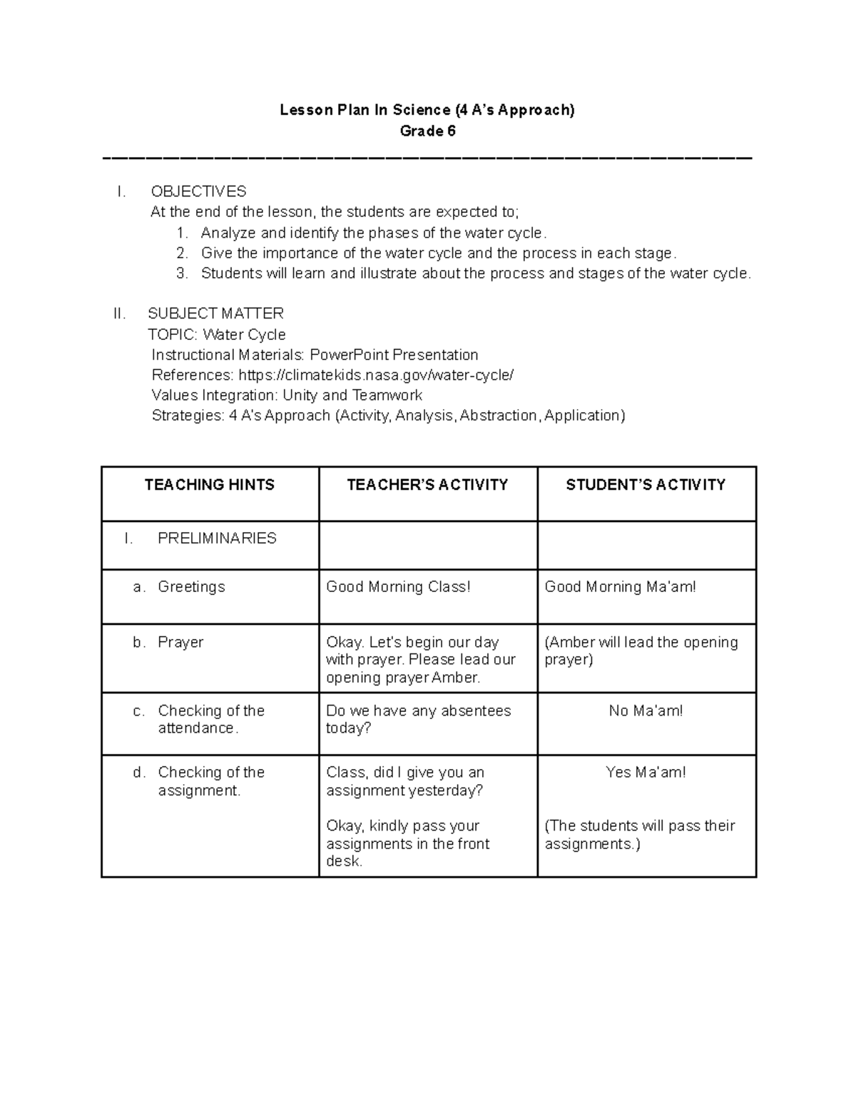 4A's Approach Water Cycle Lesson PLAN - Lesson Plan In Science (4 A’s ...