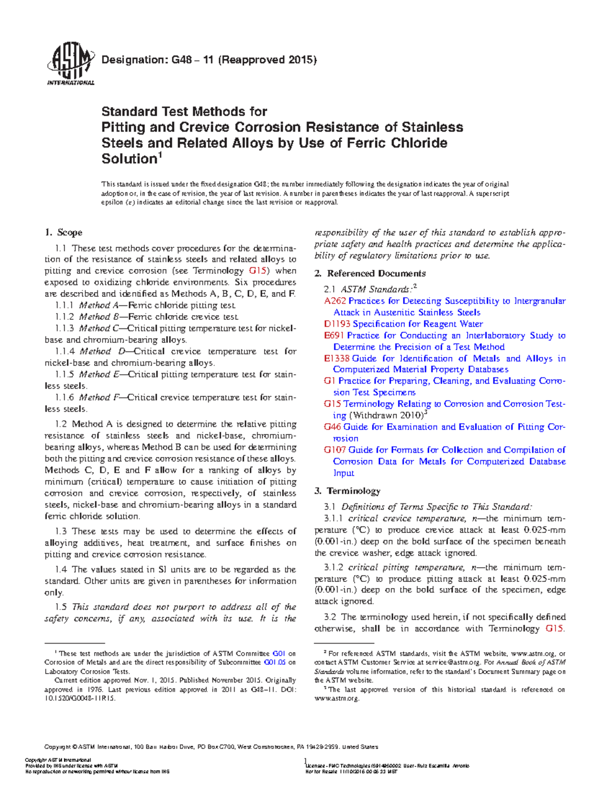 ASTM G48-15: Corrosion Testing for Stainless Steels & Alloys - Studocu