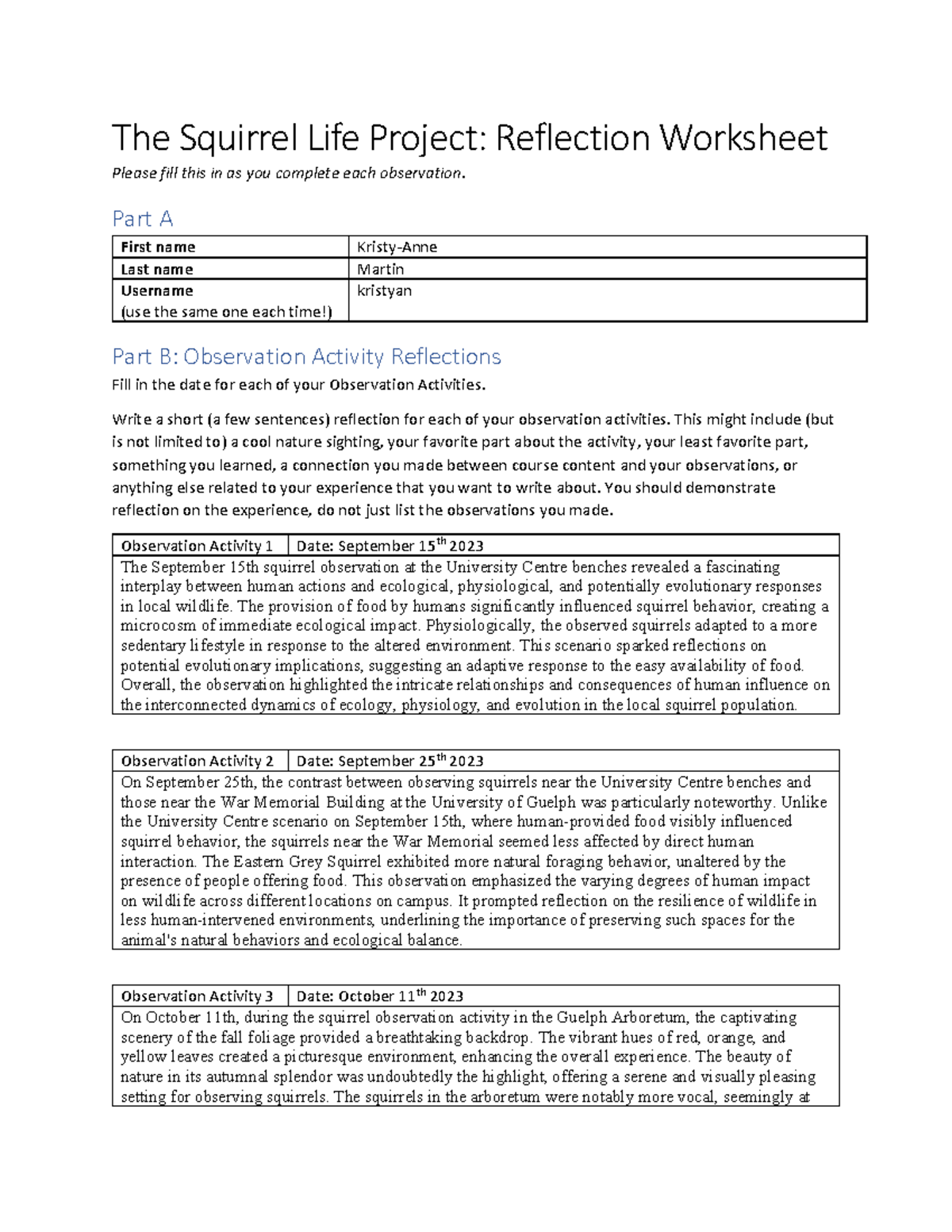 Squirrel Life Project: Reflection Worksheet Observations - Studocu