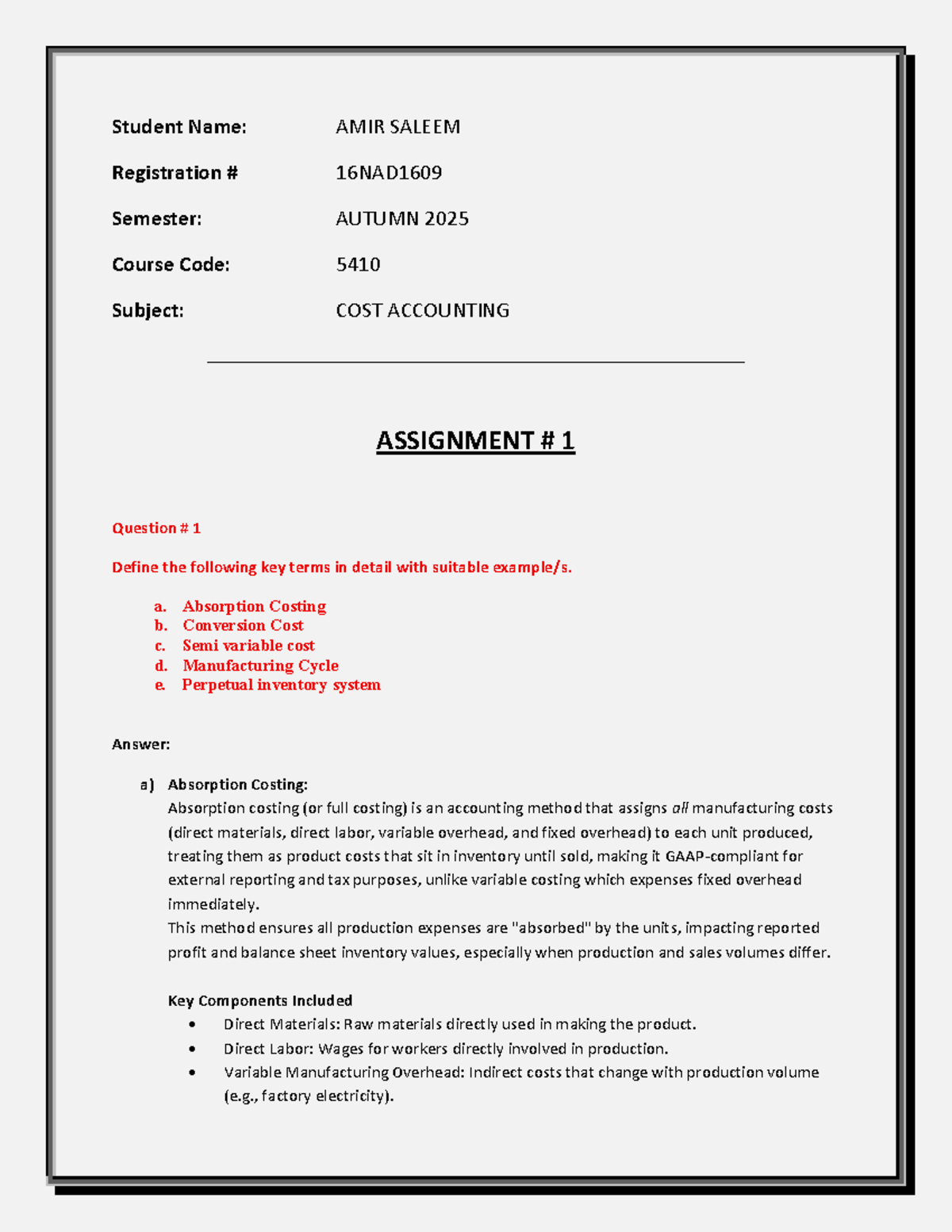 5410 - Cost Accounting Assignment 1: Key Terms & Job Costing Analysis ...