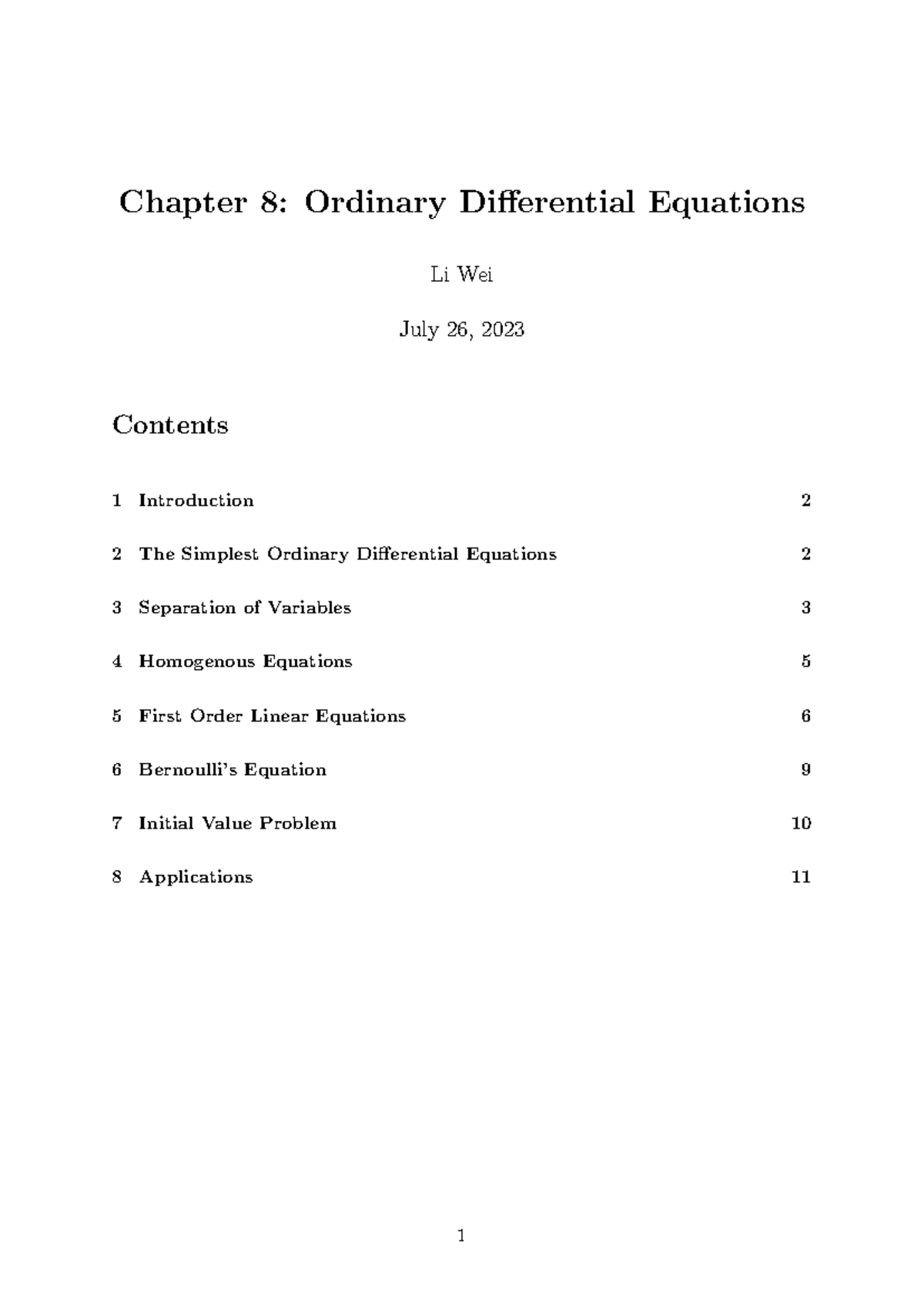 MA2002 Chapter 8: Lecture Notes on Ordinary Differential Equations ...