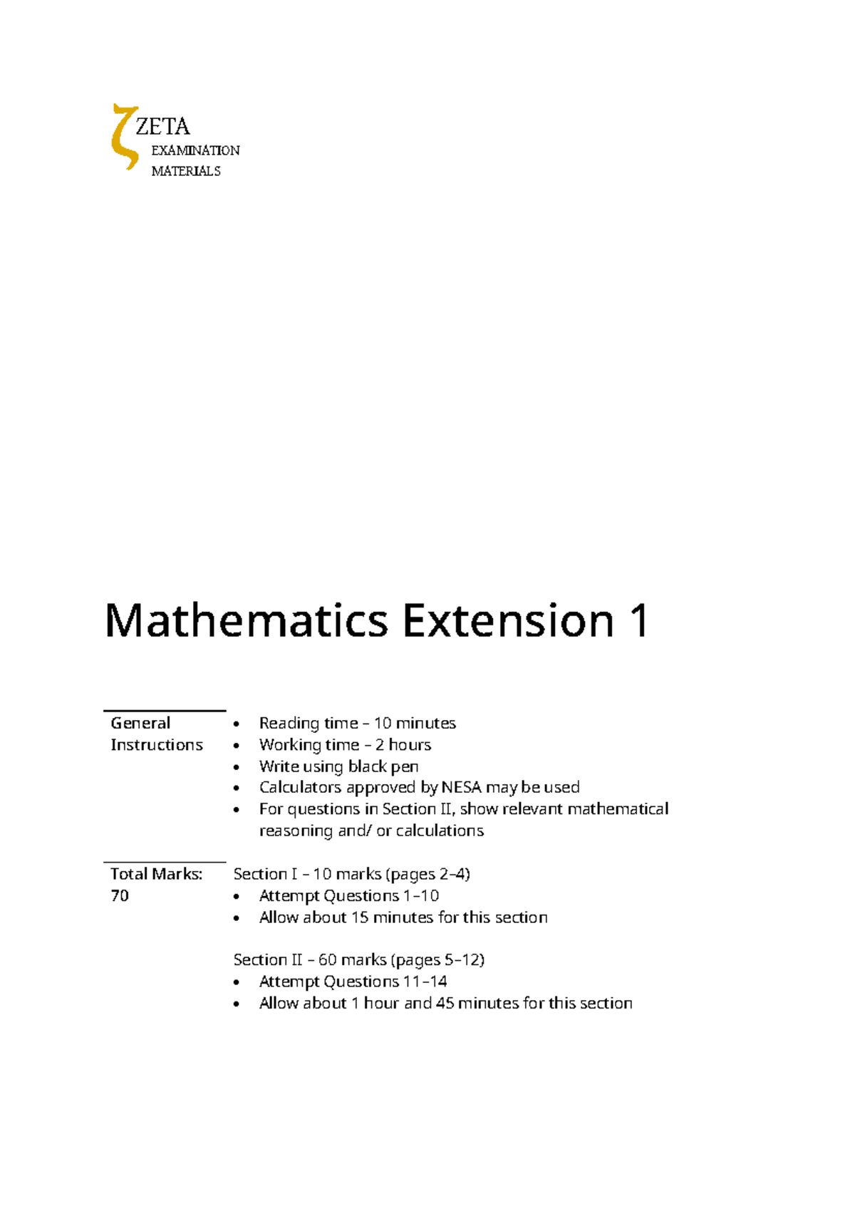 Zeta Extension 1 Mathematics Final Exam Materials 2023 - Studocu