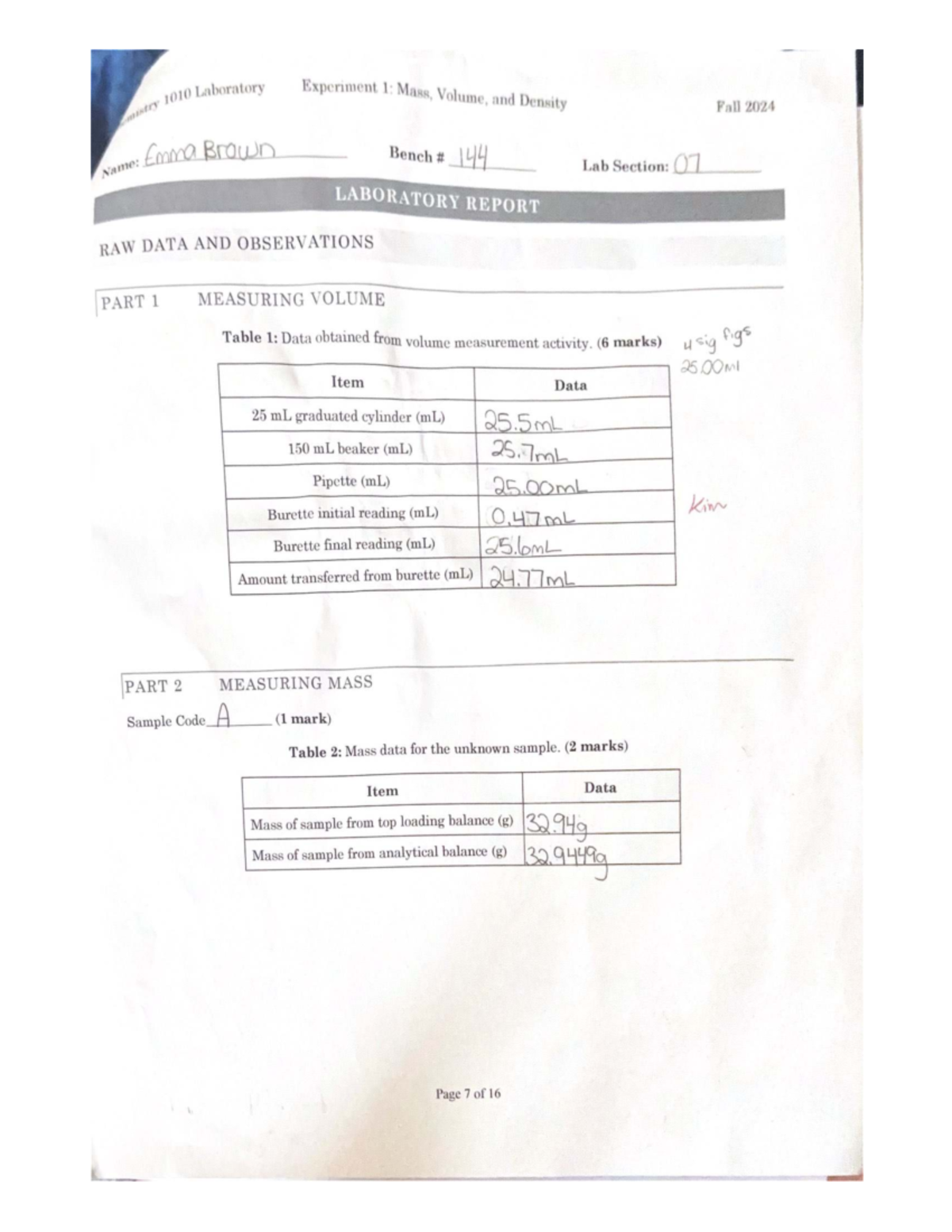Chemistry 1010 Lab Report: Experiment 1 - Mass, Volume, and Density ...