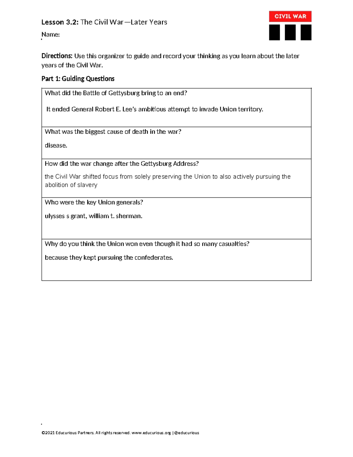 Lesson 3.2: The Civil War's Later Years Analysis Guide - Studocu