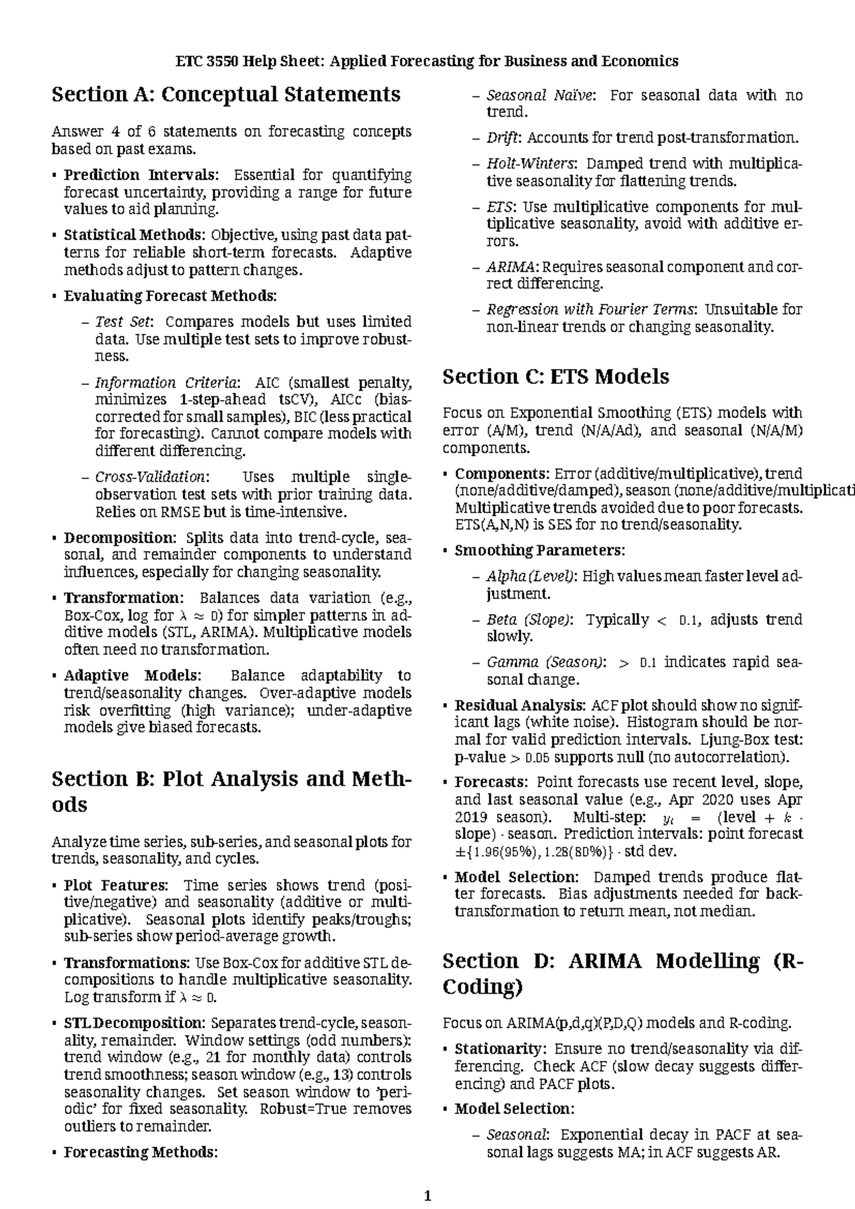 ETC 3550 Final Exam Cheat Sheet: Applied Forecasting Concepts - Studocu