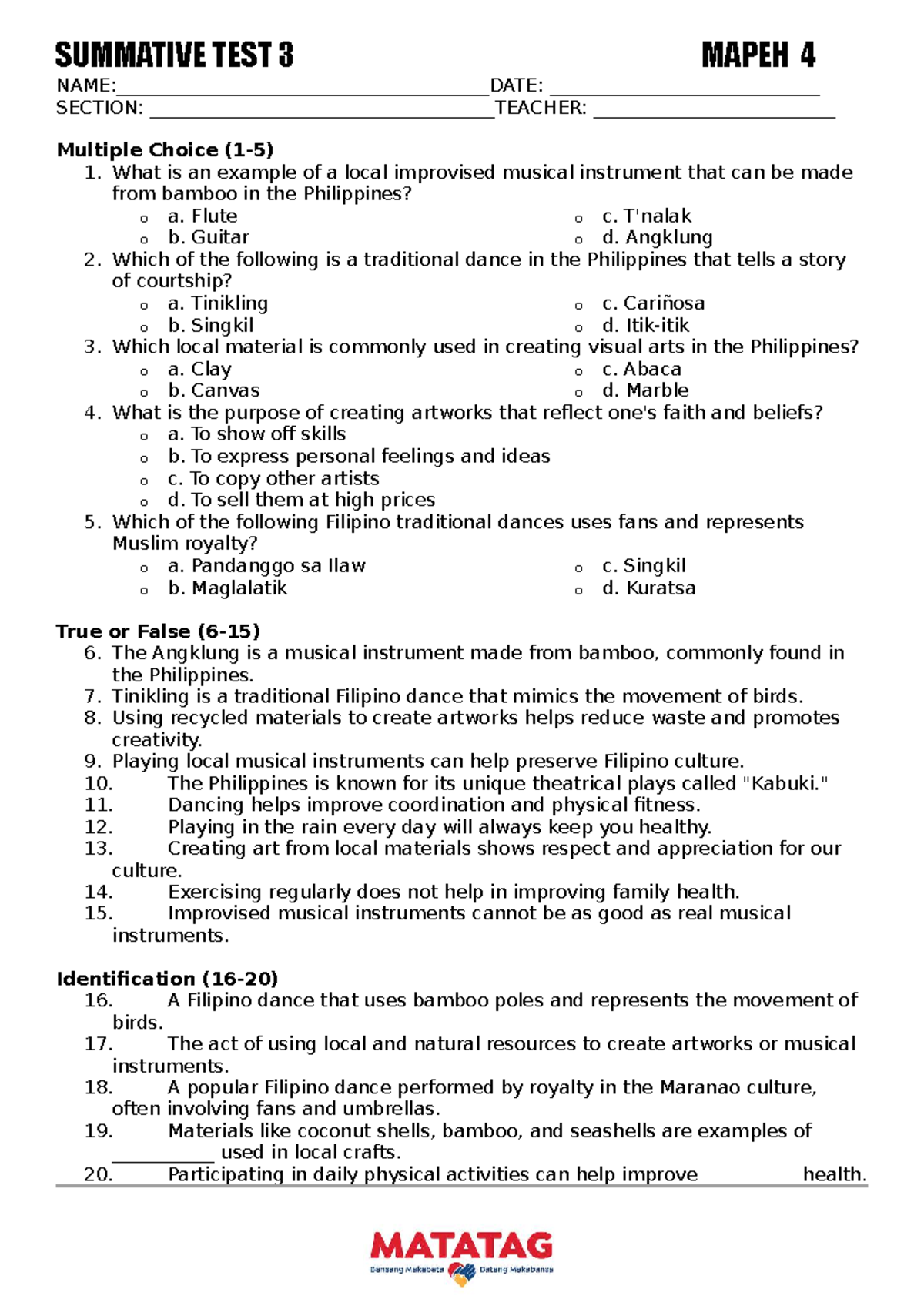 MAPEH 4 Summative Test 3: Music, Arts, and Physical Education - Studocu