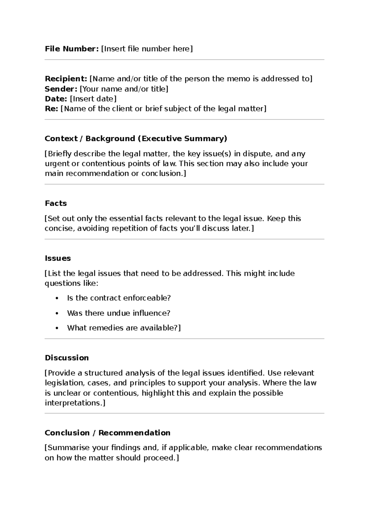 Legal Memo Template: Key Issues & Recommendations Outline - Studocu