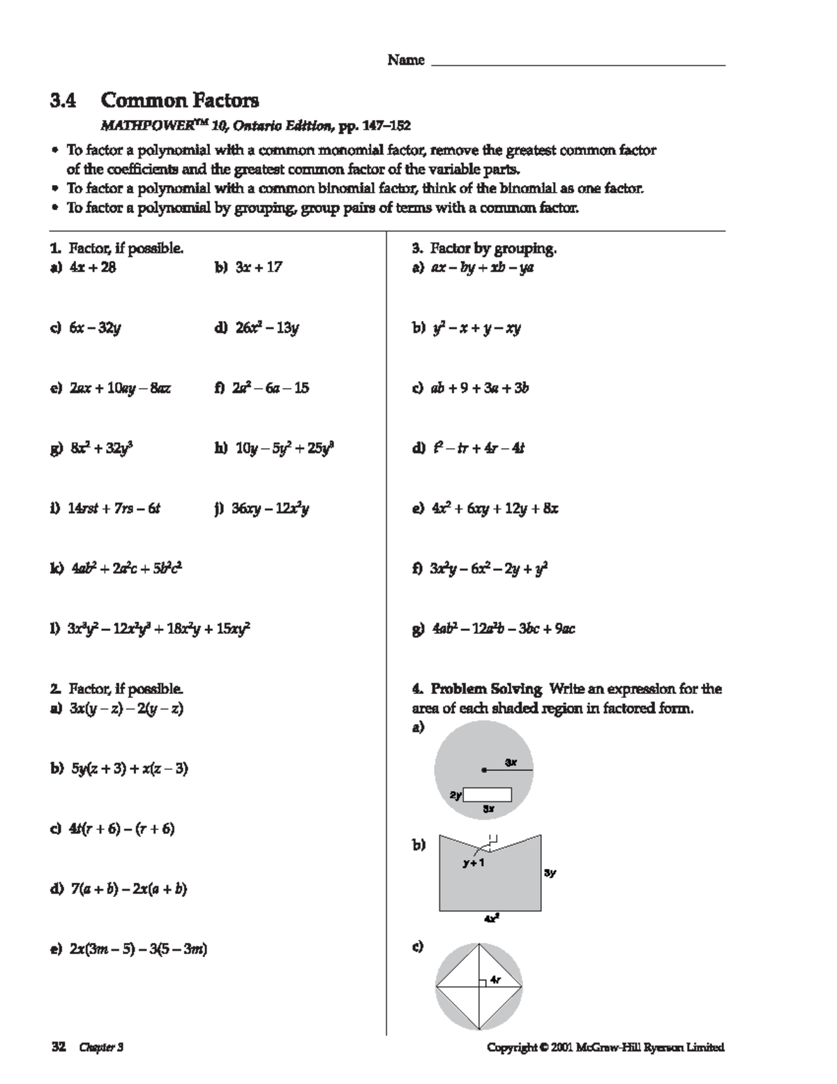 R.3 Worksheet Factoring pt 1 - Copy - Name 3 Common Factors 10, Ontario ...