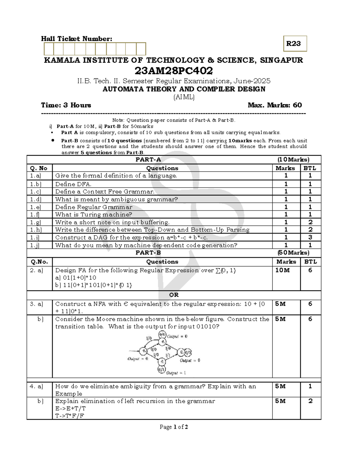 Automata Theory and Compiler Design Exam Paper - R23 23AM28PC402 - Studocu