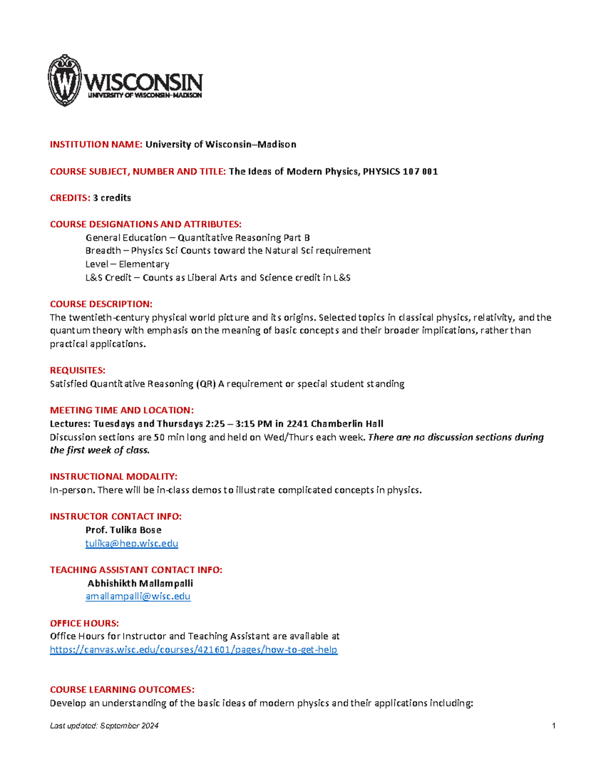 PHY107 UW-Madison Syllabus: Modern Physics Course Overview - Studocu