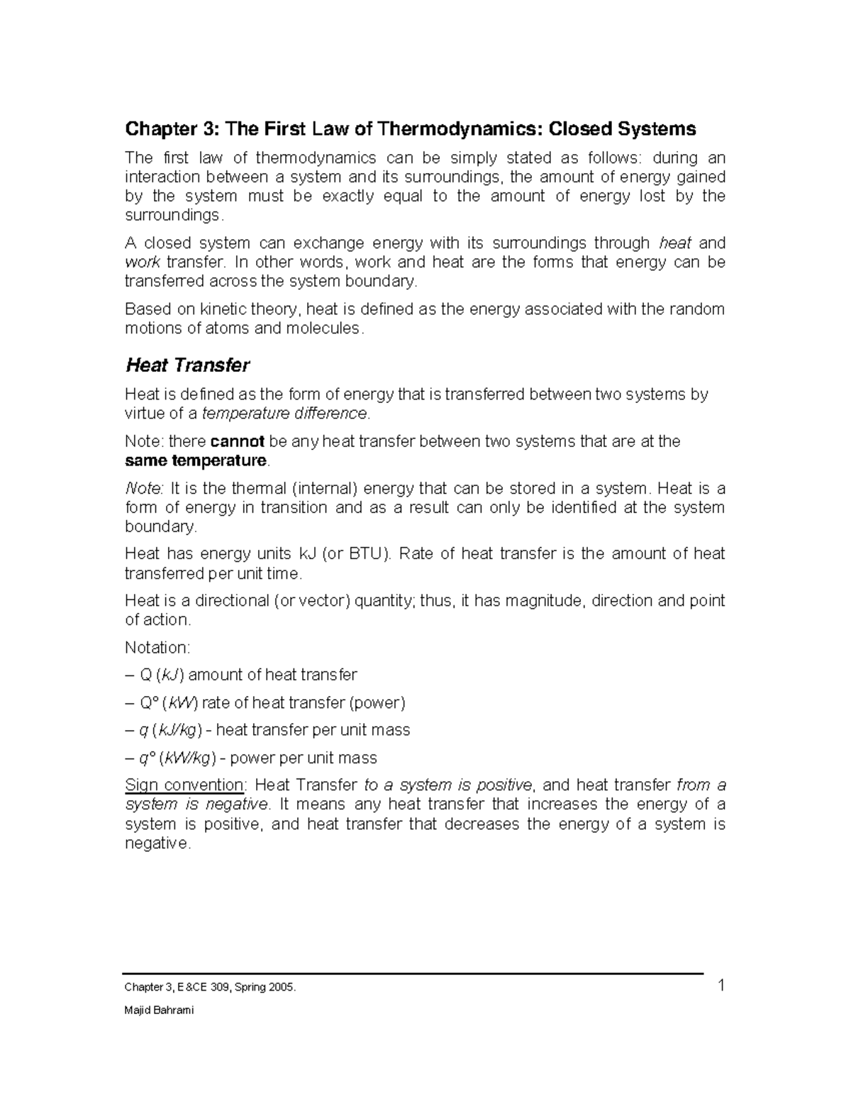 Summary of Chapters 3 & 4: First Law of Thermodynamics in Open & Closed ...