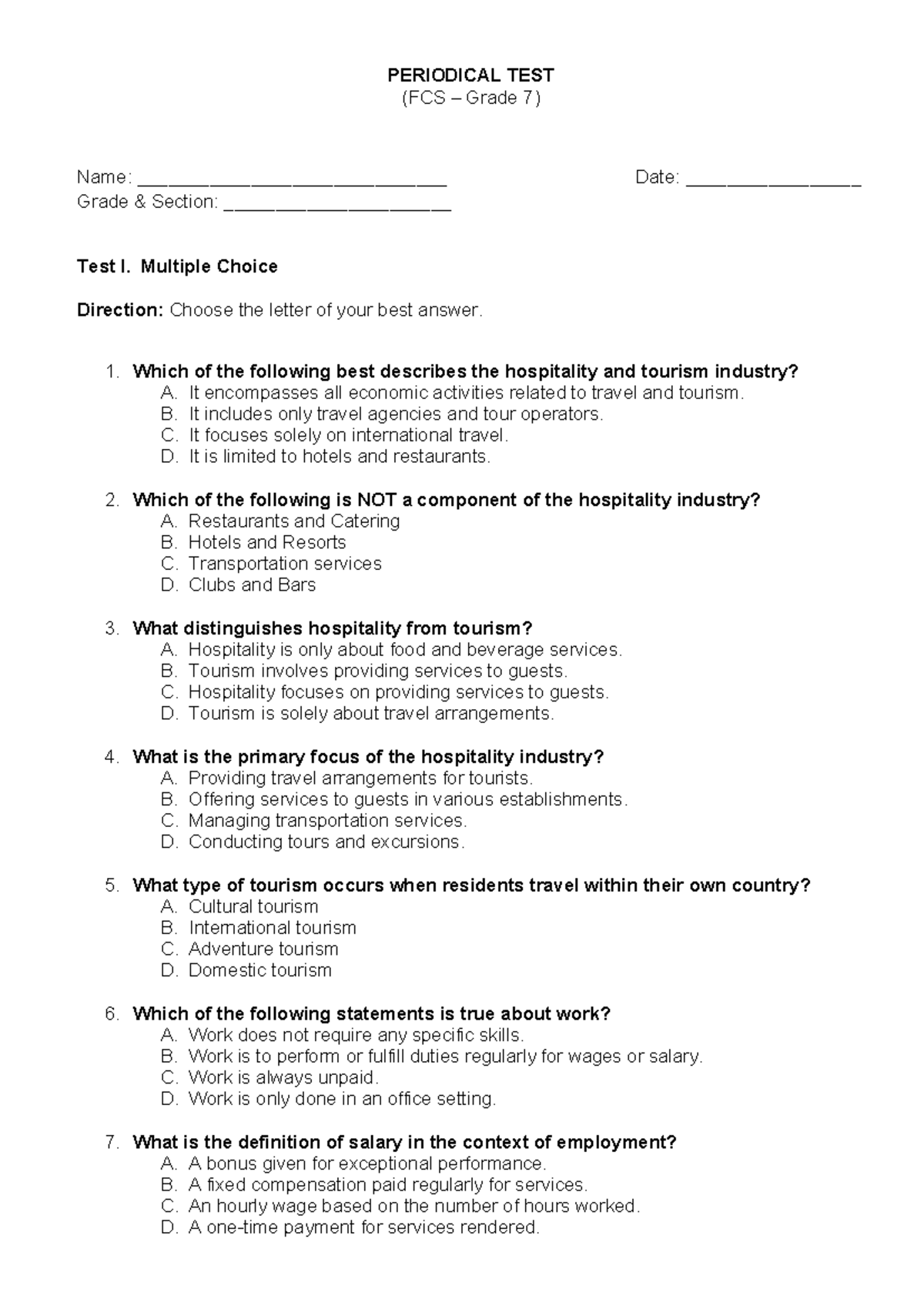 FCS Grade 7 Periodical Test - Hospitality and Tourism (50 Items) - Studocu