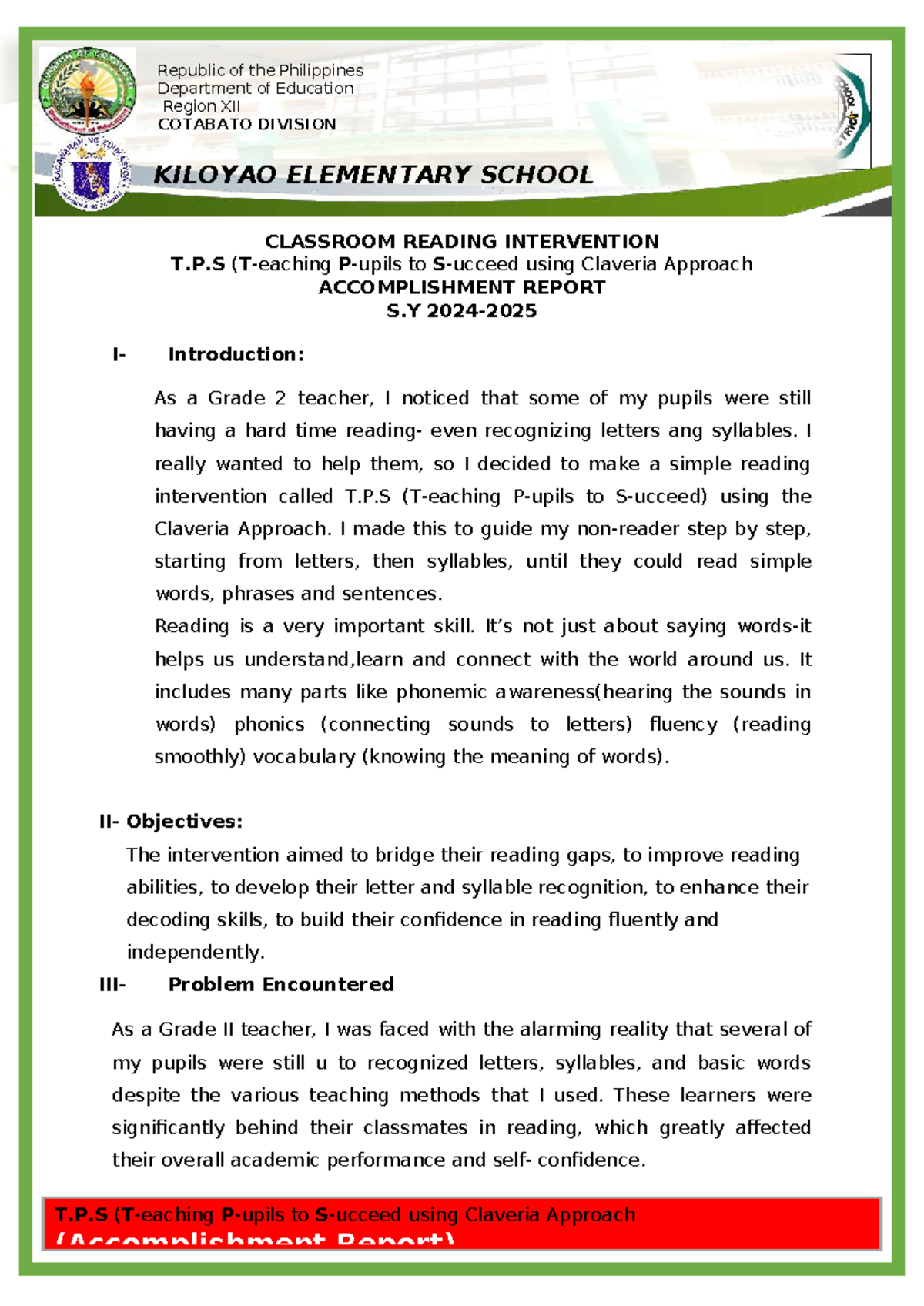 Grade 2 Reading Intervention Report: T.P.S Using Claveria Approach ...
