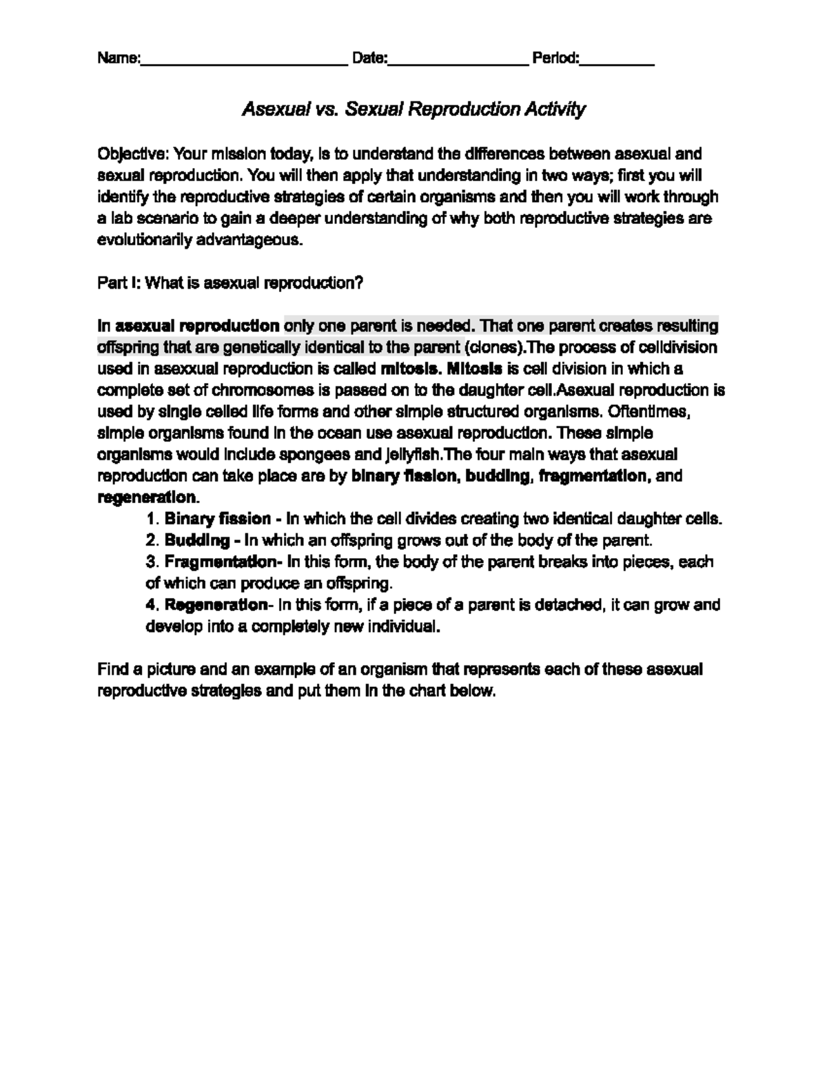 Asexual vs. Sexual Reproduction Activity Worksheet - Studocu