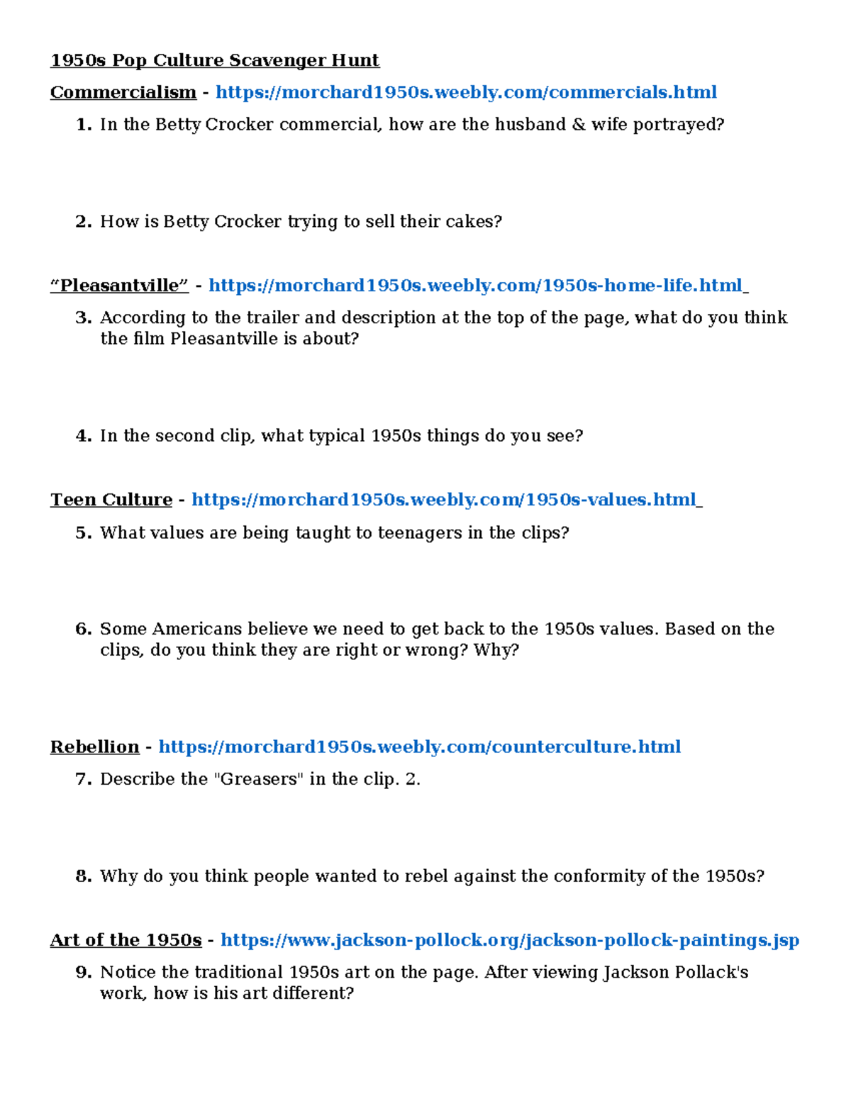 1950s Pop Culture Scavenger Hunt: Examining Commercialism & Rebellion ...