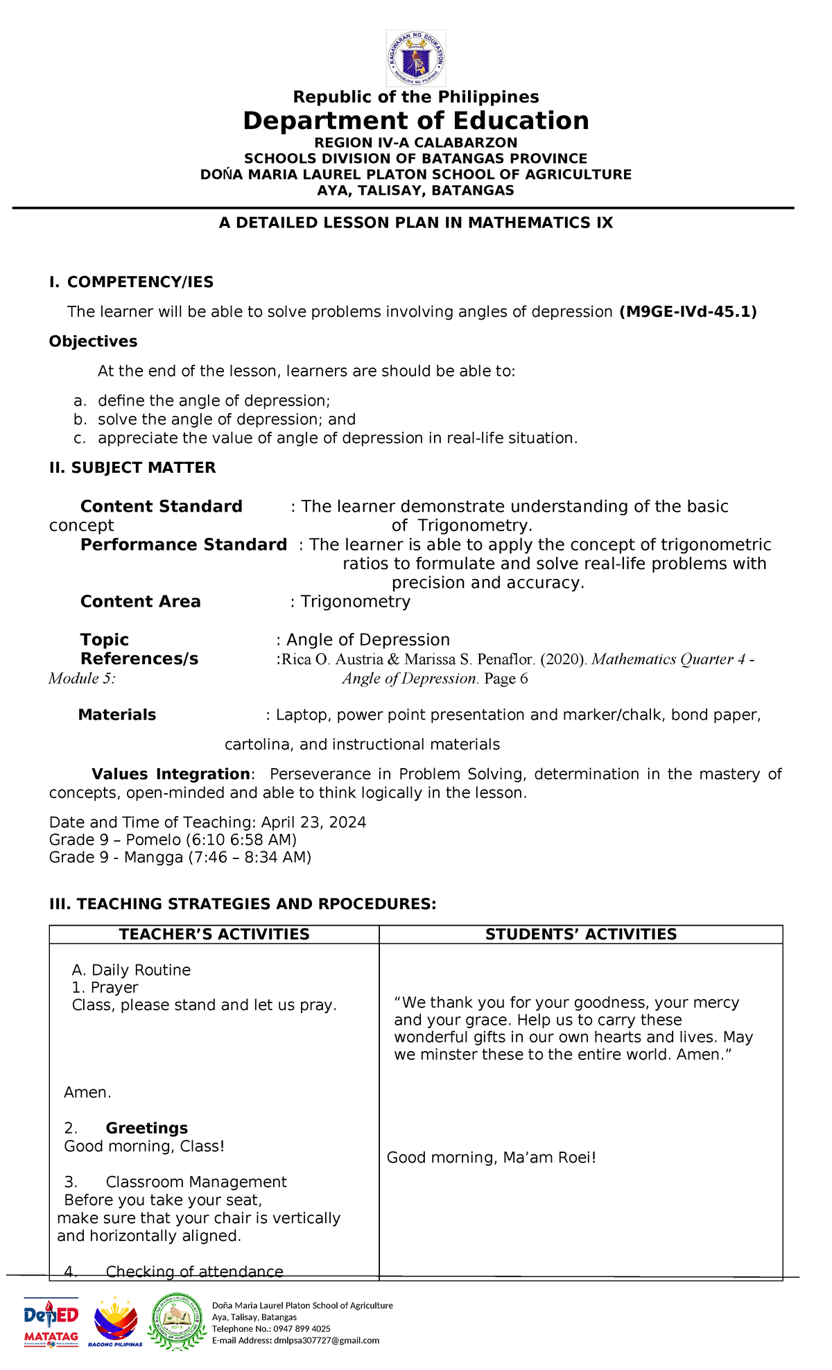 Detailed Lesson Plan on Angle of Depression (M9GE-IVd-45) for Math IX ...