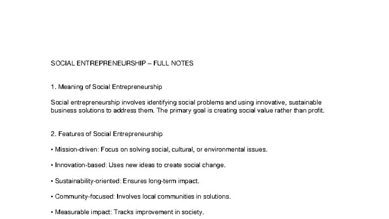 SOCIAL ENTREPRENEURSHIP NOTES: FULL OVERVIEW AND INSIGHTS - Studocu