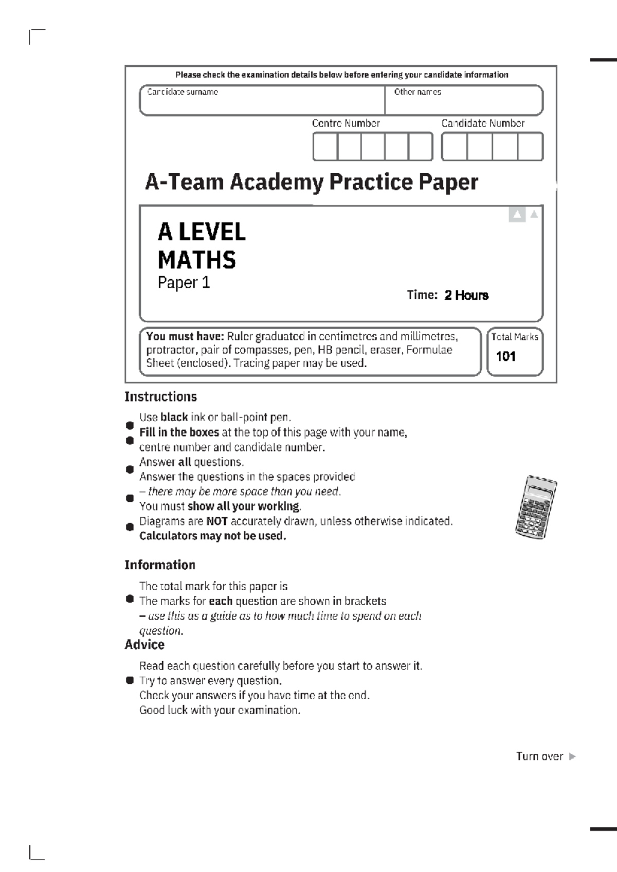 Edexcel A Level Maths Paper 1 - Examination Instructions and Questions ...